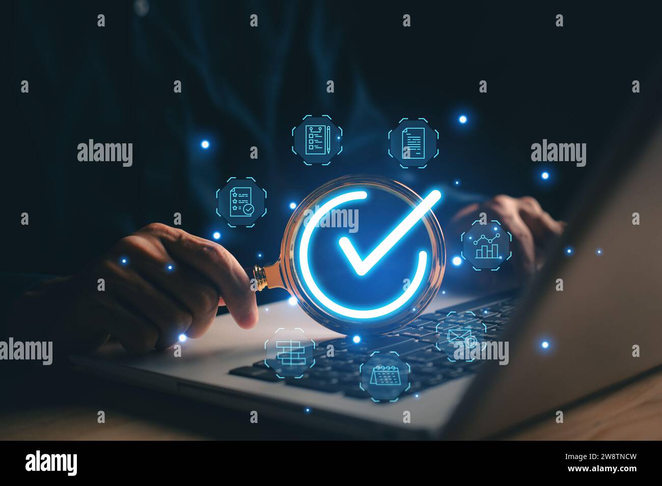 Quality control. Businessman assessment for certificate with sign ...