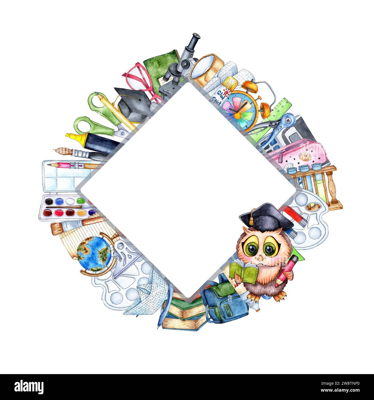 Watercolor illustration of a diamond frame with students, school ...