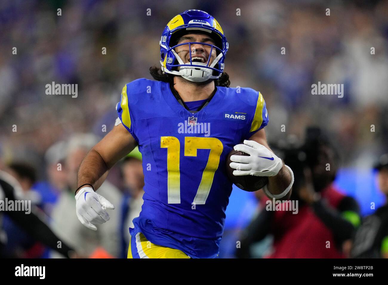 Los Angeles Rams wide receiver Puka Nacua smiles after a reception ...