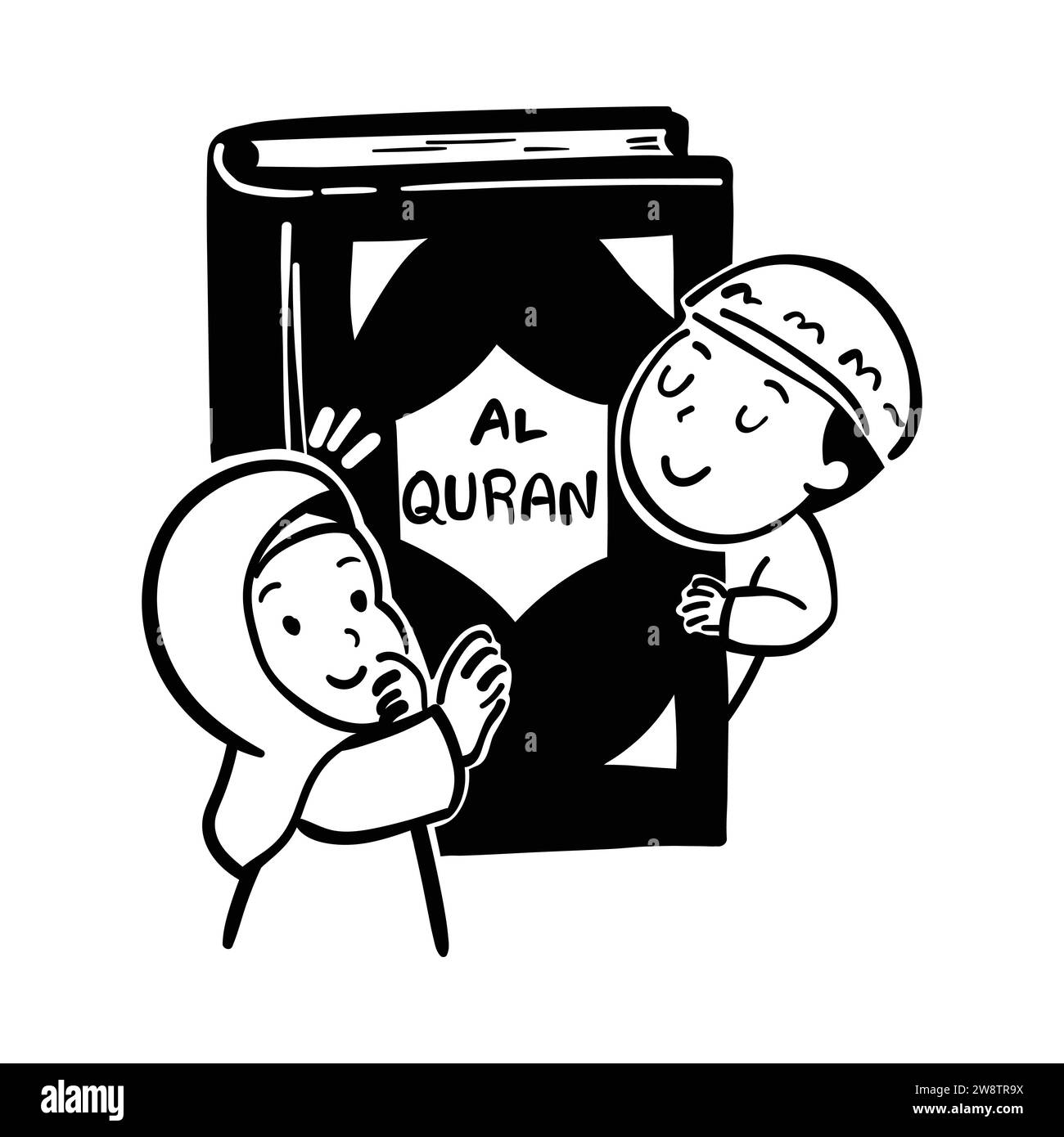 Doodle of a holy Quran with Muslim boy and girl. Islamic holy day ...