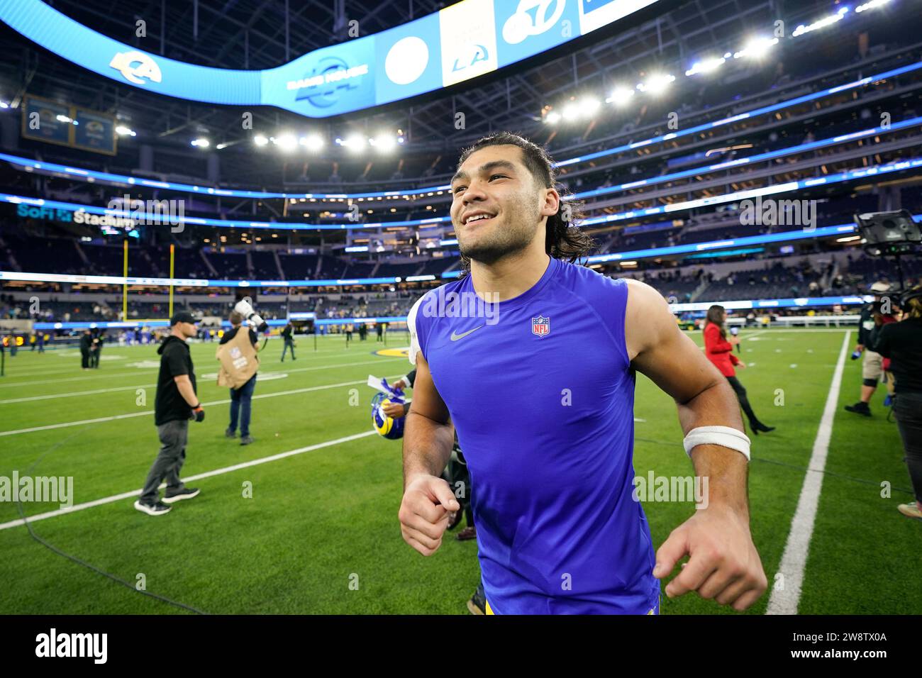 Los Angeles Rams wide receiver Puka Nacua (17) runs off the field after ...