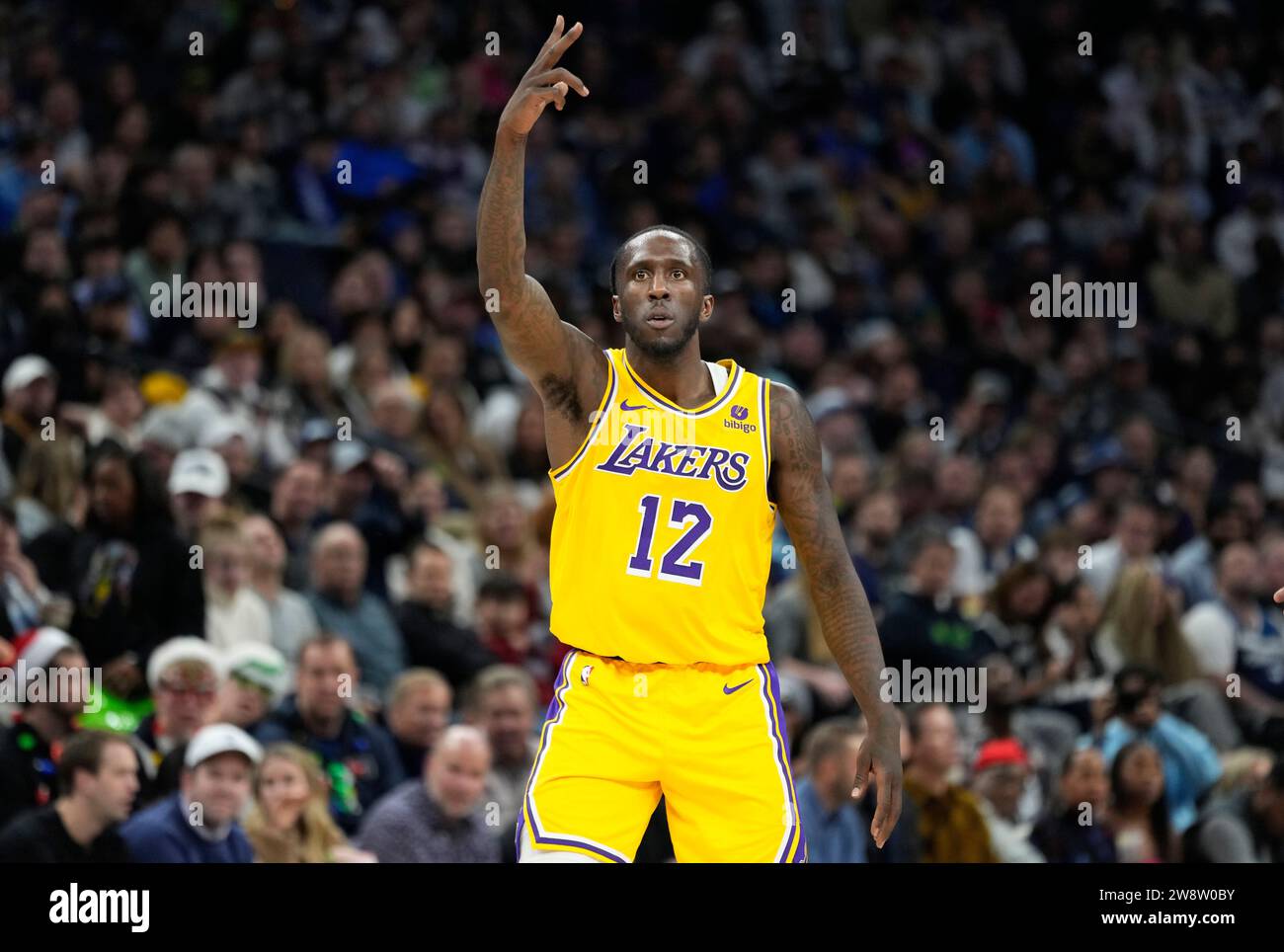Los Angeles Lakers forward Taurean Prince (12) signals after making a 3 ...