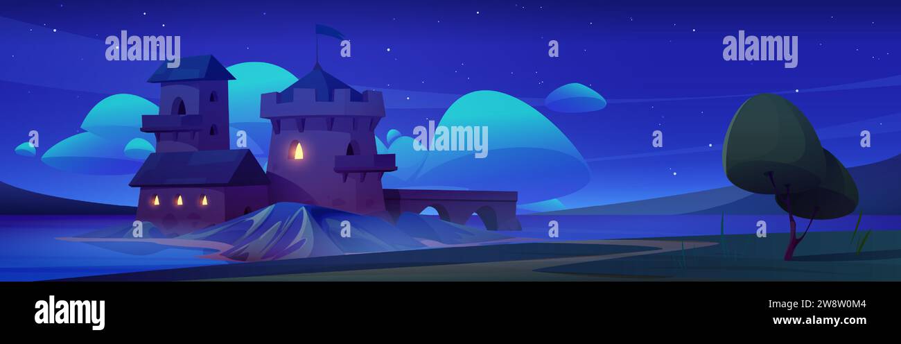 Royal medieval castle on island at night. Cartoon vector dark midnight ...