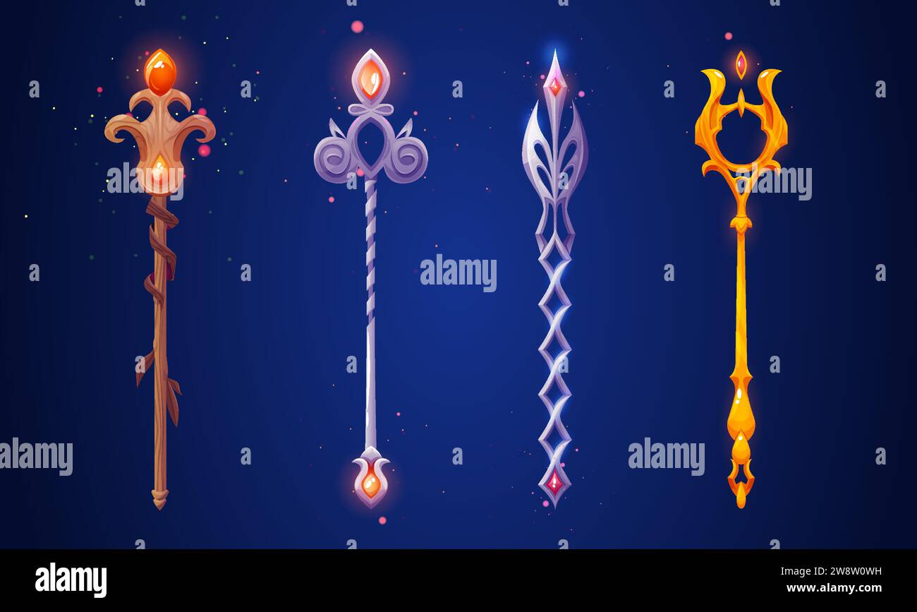 Set of magic wizard staffs isolated on background. Vector cartoon ...