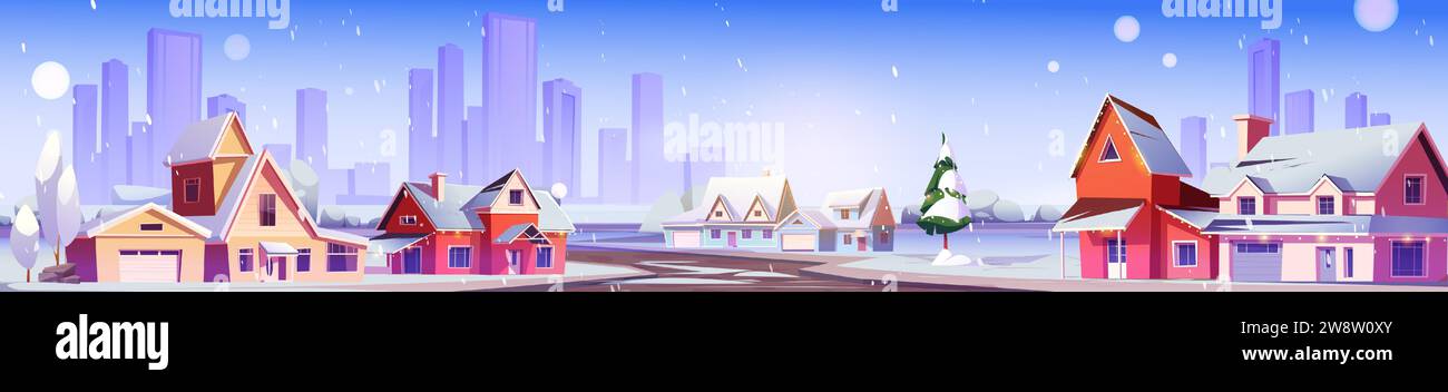 Suburban landscape in winter - cold season snowy cartoon vector ...