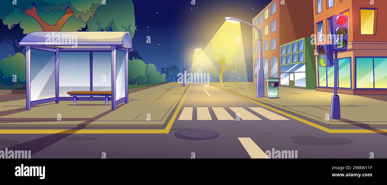 City street intersection with sidewalk, public bus stop, traffic lights ...