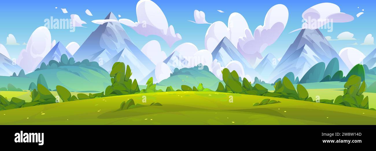 Summer natural landscape with green grass, bushes and trees on meadow ...
