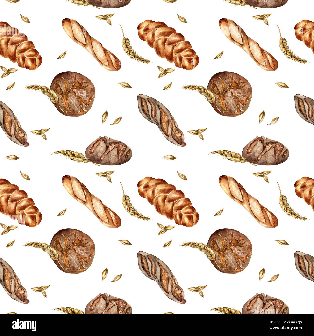 Variety bread watercolor seamless pattern isolated on white. Hand drawn ...