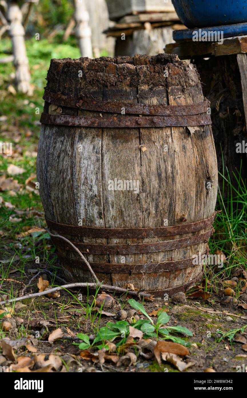 Small barrel, cask, small and old wooden barrel with rusty iron rings ...
