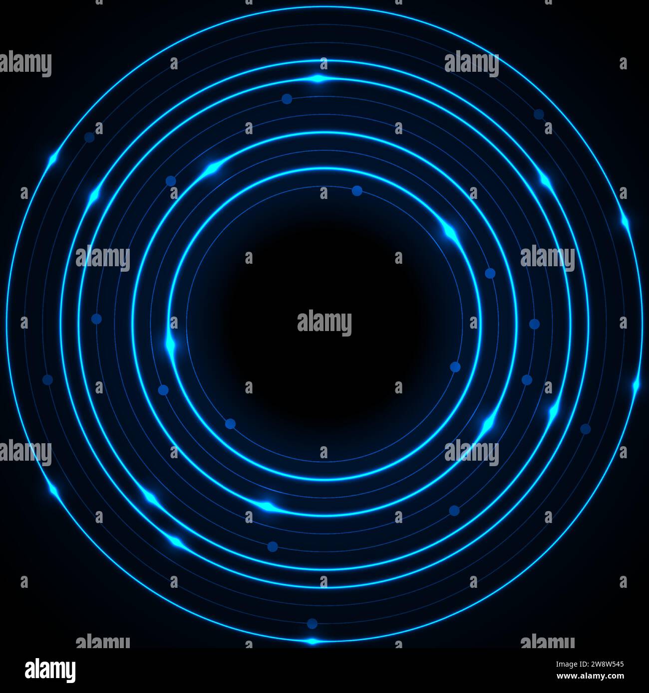 Abstract neon blue circles with circuit board lines technology background. Vector design Stock ...