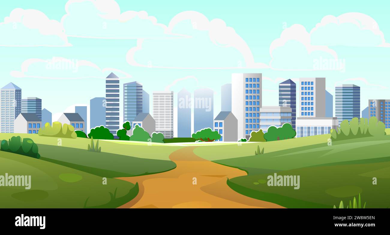 Country meadow. there is big city on horizon. Scenery Landscape. Fun ...