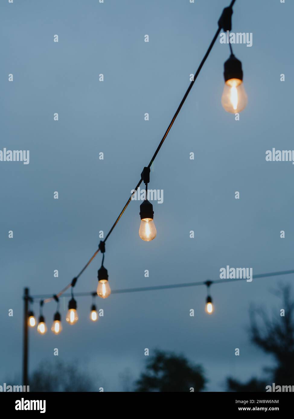 Vertical directly below shot capturing two strings of light bulbs ...