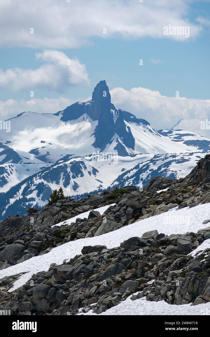 The distinctive shape of Black Tusk Mountain stands out in the rugged ...