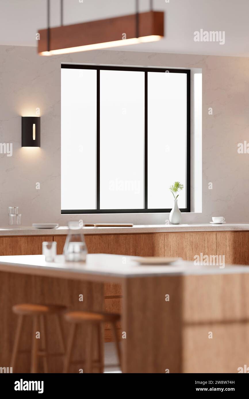 A bright beige-toned kitchen interior with sunlight coming through the ...