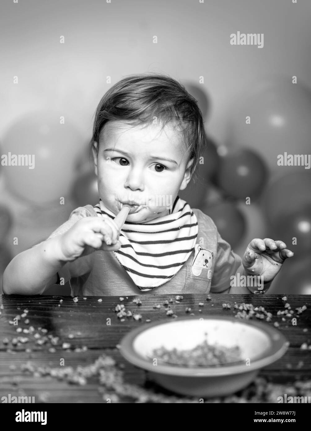 Funny kid with food Black and White Stock Photos & Images - Alamy