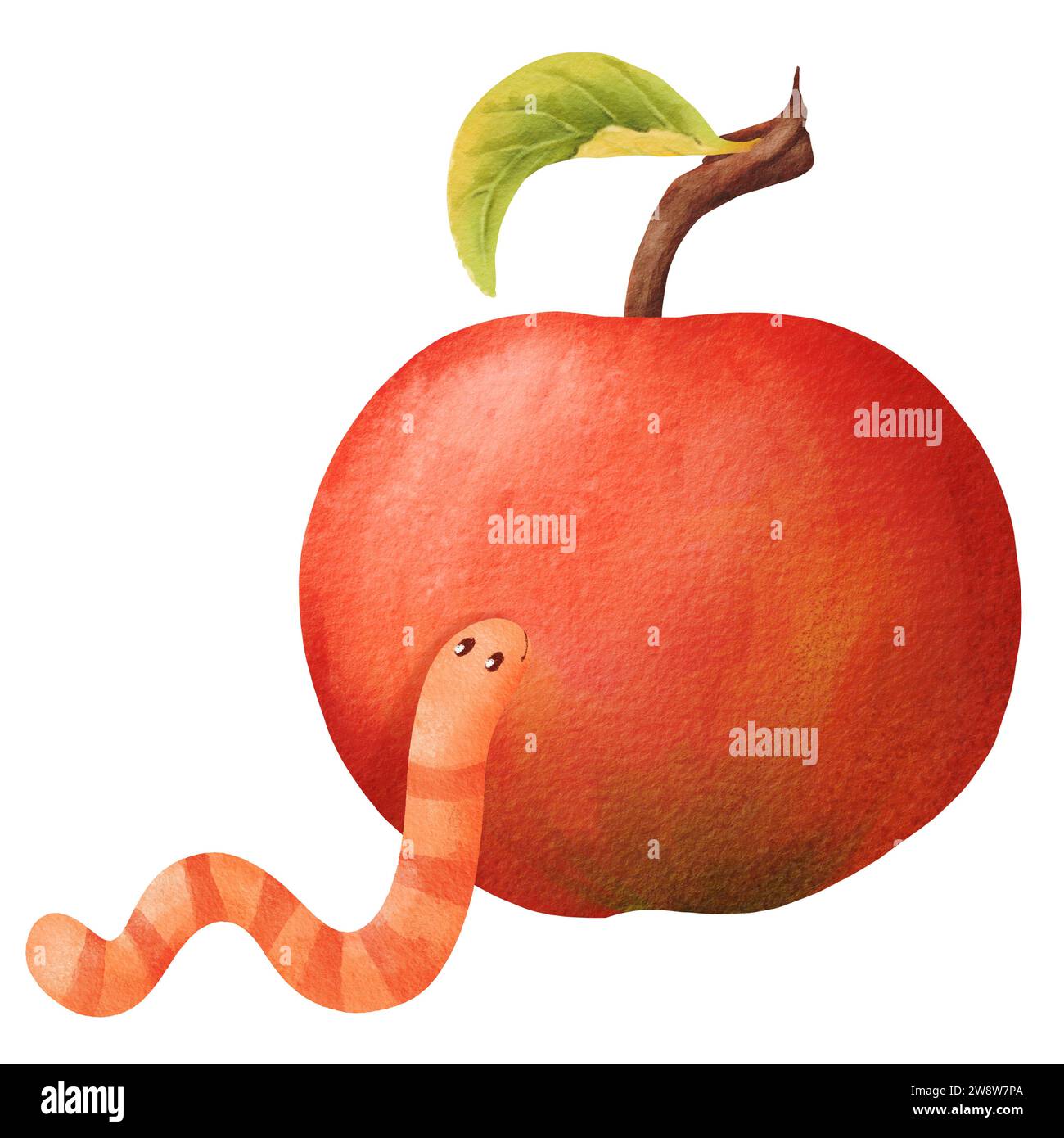 watercolor composition. a worm with an apple. Ideal for children's ...