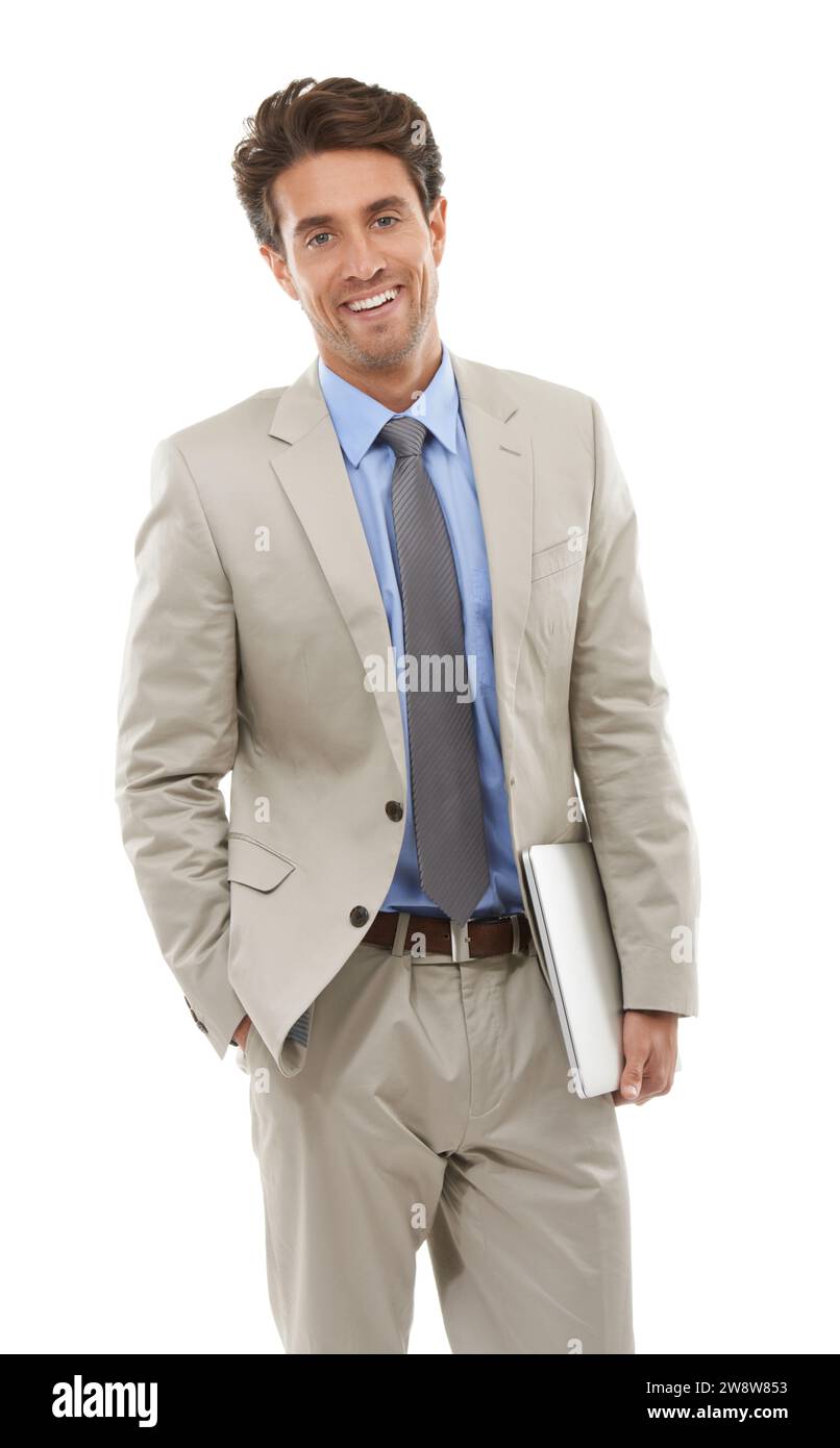 Business man with laptop, IT consultant and portrait, software upgrade ...