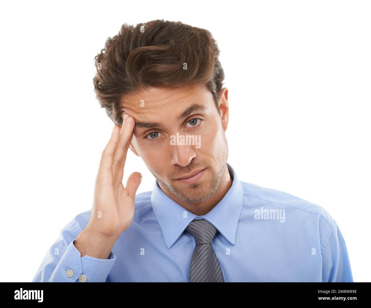 Business man, headache and stress in portrait, massage temple and ...