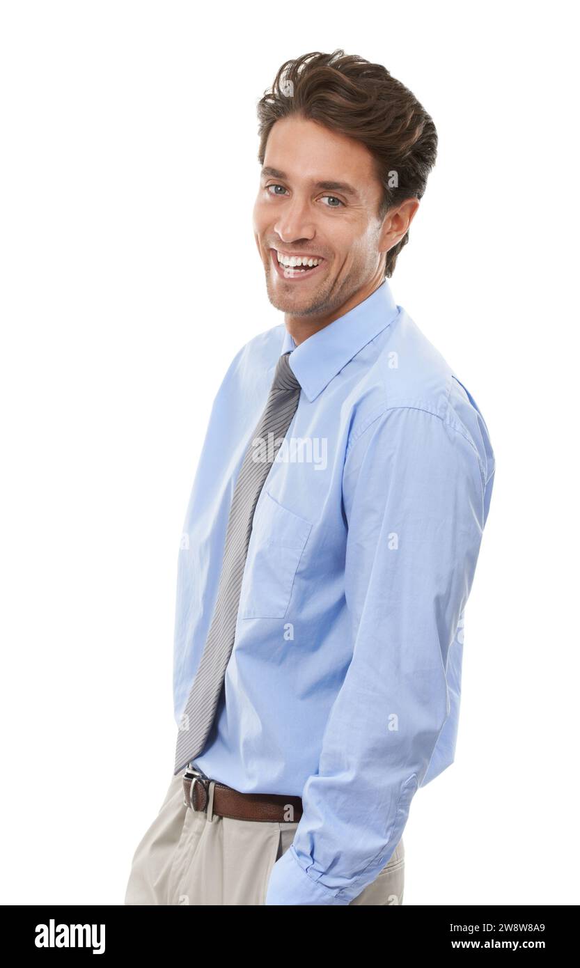 Portrait, smile and funny business man in studio isolated on white ...
