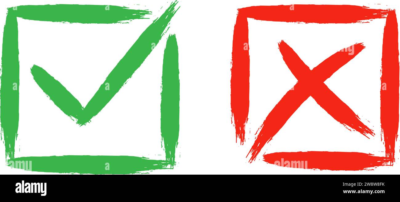 Two dirty grunge cross x and tick OK check marks in check boxes, hand ...