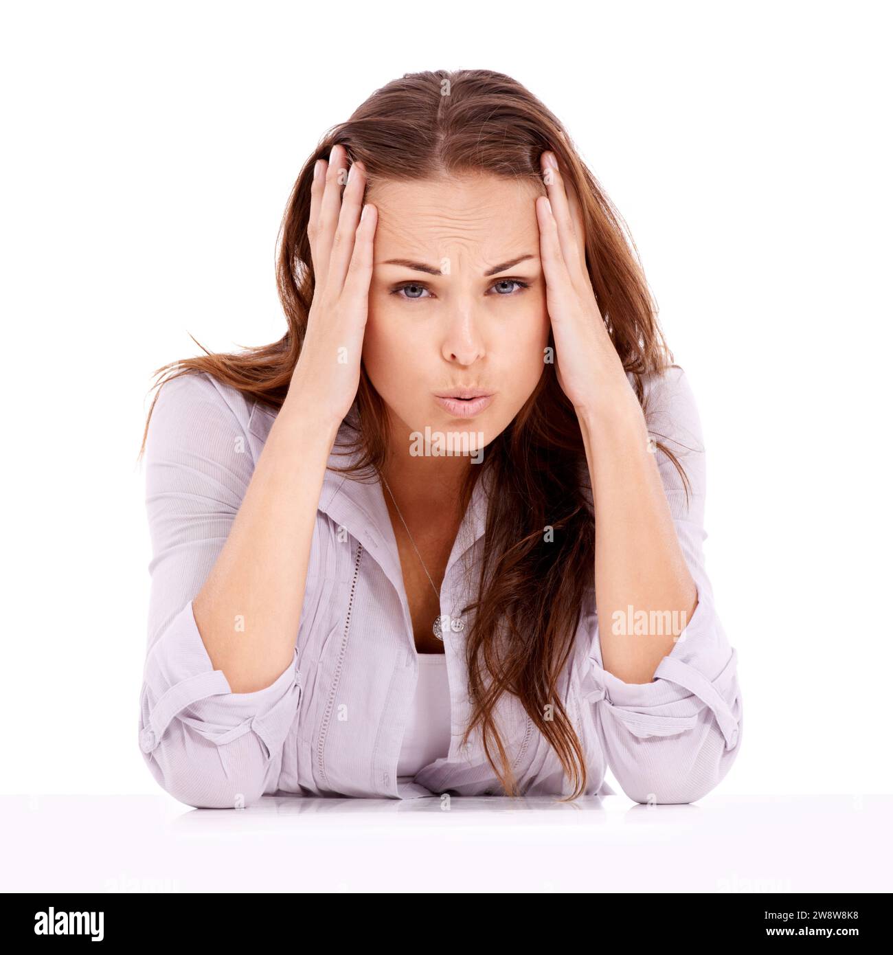 Stress, white background or portrait of woman with headache with ...
