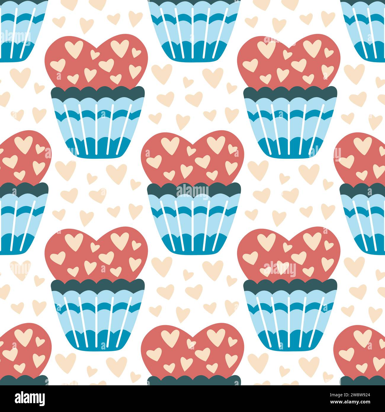 Sweet cakes with cream seamless pattern. Heart shaped cupcakes ...