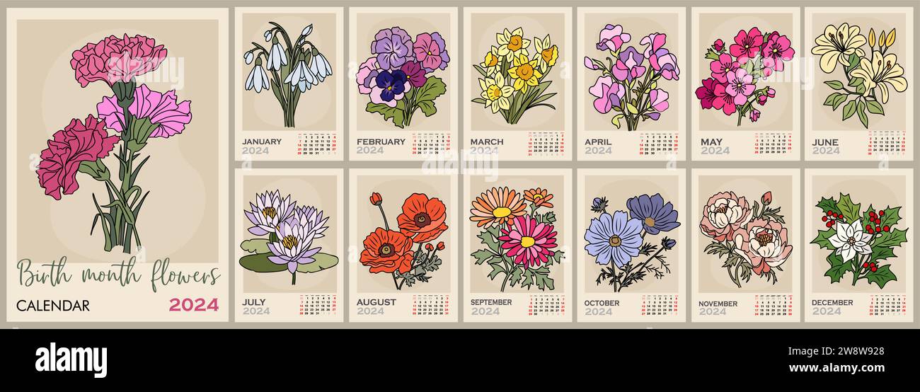 Birth month flowers calendar template for 2024 Stock Vector Image & Art ...