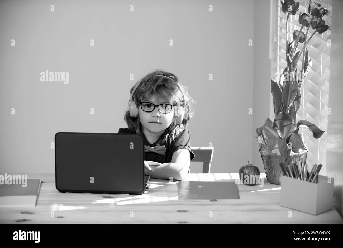 School pupil student kid studying online using laptop, remote learning ...