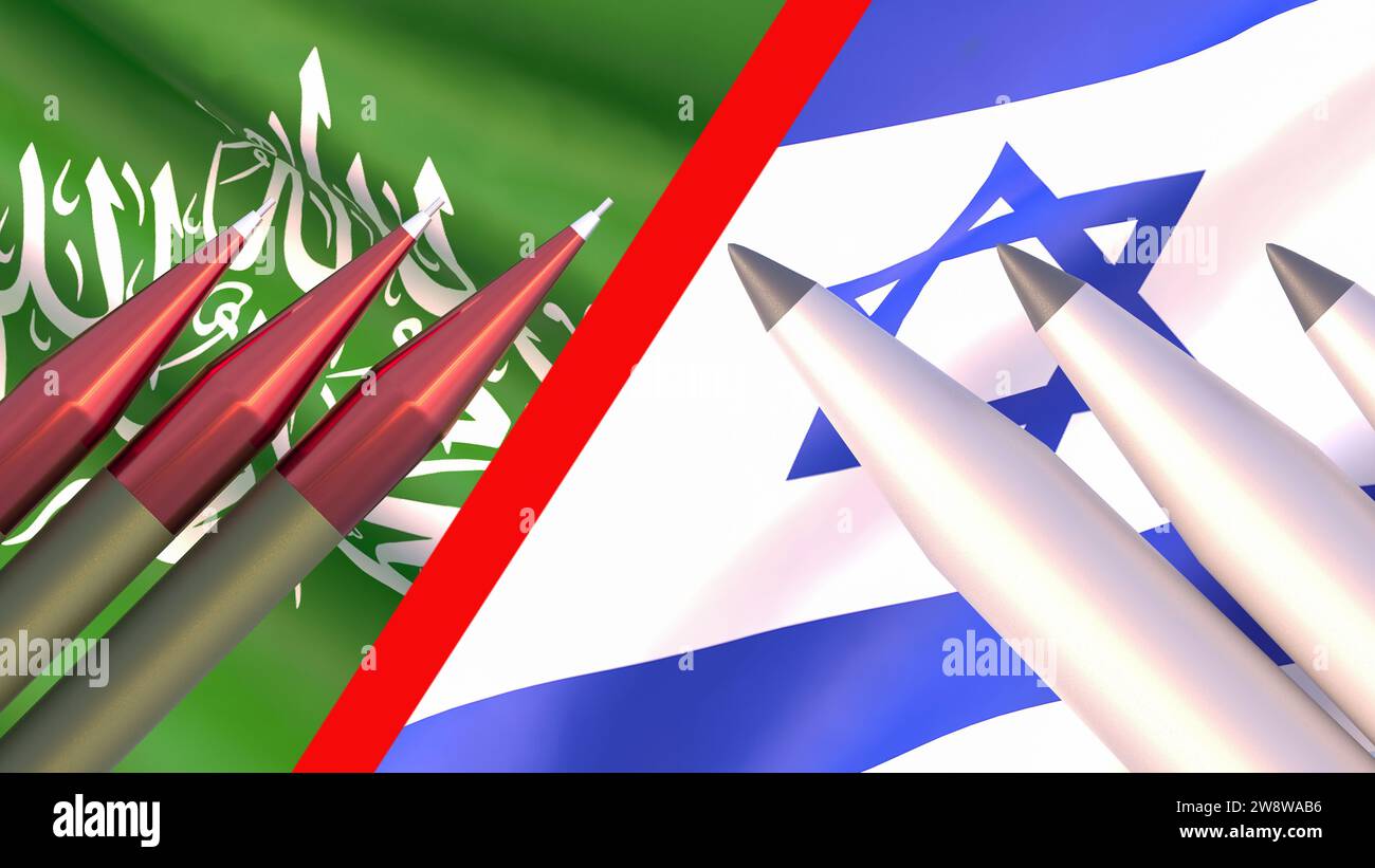 3D render - Israeli and Hamas rockets against the background of flags ...