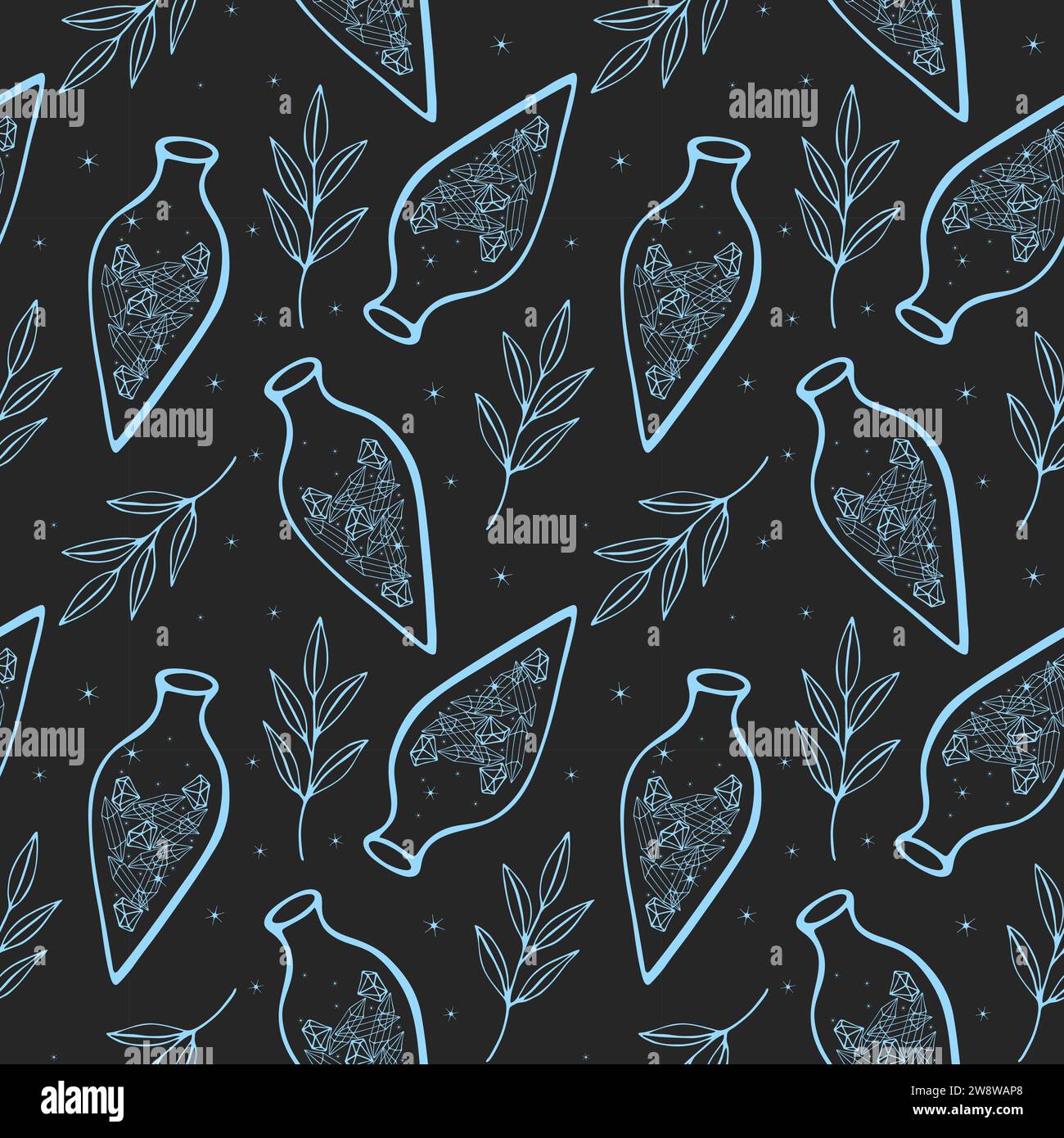 Dark pattern with potion, crystals, magic bottle, witchcraft, magic ...