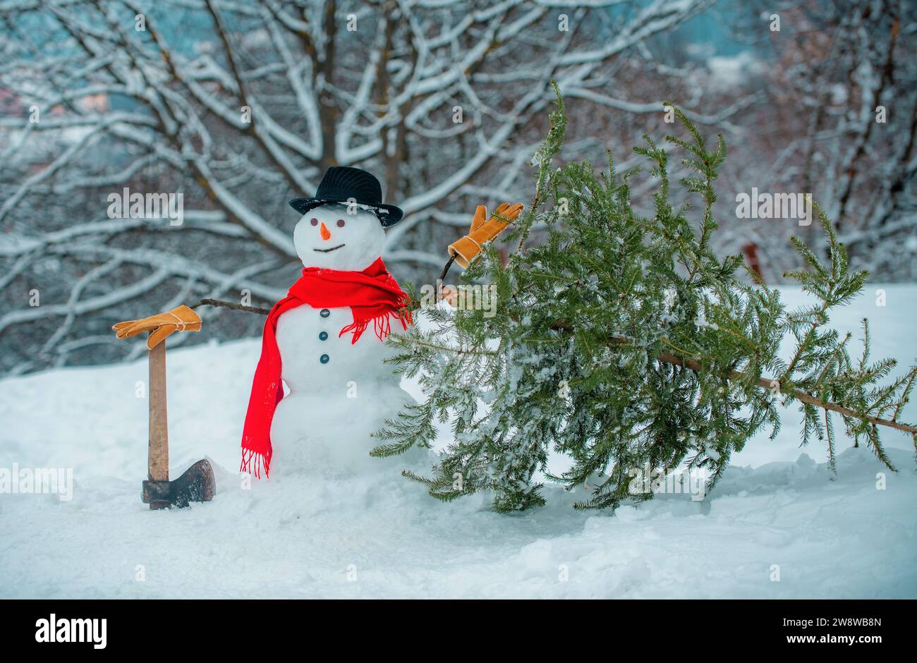 Snowman Woodcutter with axe in the winter forest. SnowMan is going to ...