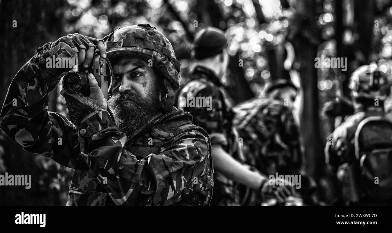 Battle of the military in the war. Military soldier photojournalist ...