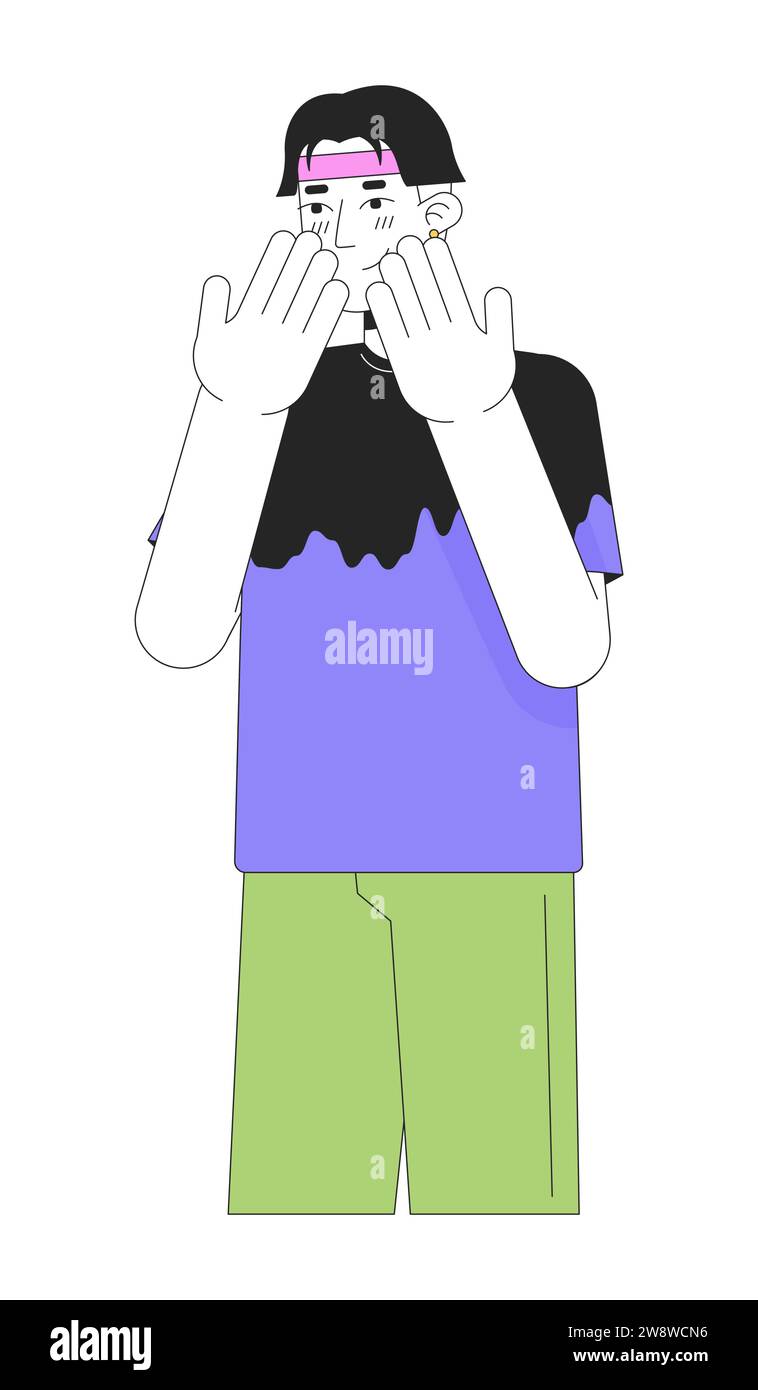 Face covering embarrassed korean young man 2D linear cartoon character ...