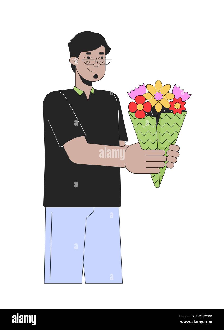 Eyeglasses arab man gifting bouquet flowers 2D linear cartoon character ...