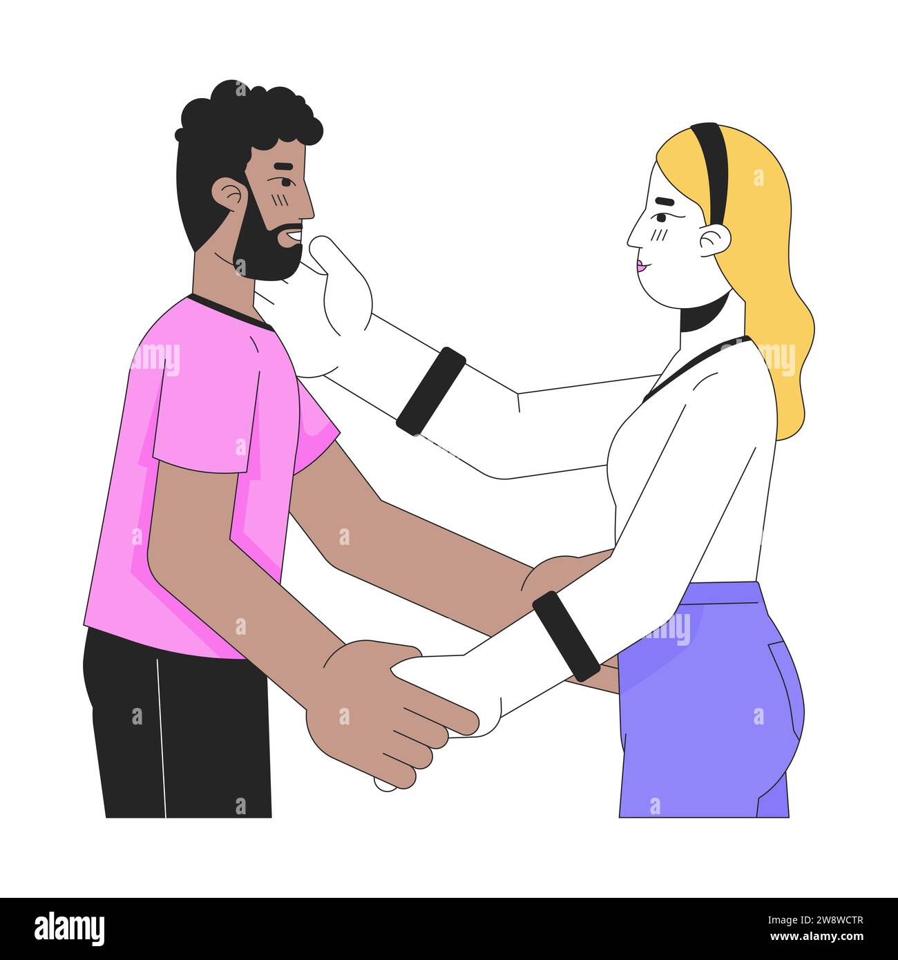 Interracial heterosexual lovers embrace 2D linear cartoon characters ...