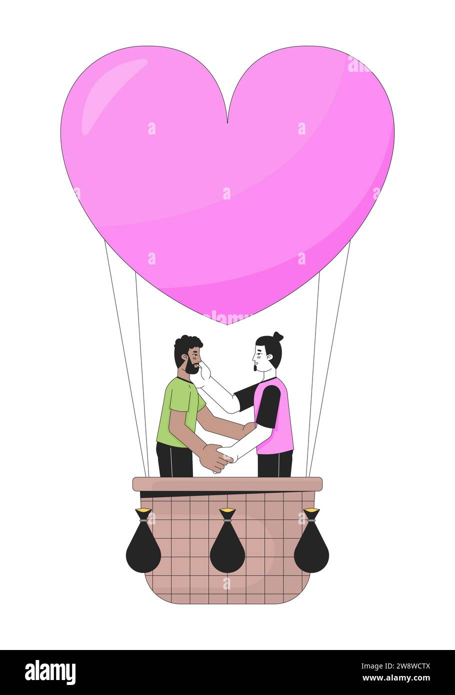 Boyfriends floating on hot air balloon 2D linear cartoon characters ...