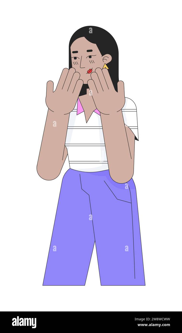 Embarrassed middle eastern young adult woman 2D linear cartoon ...