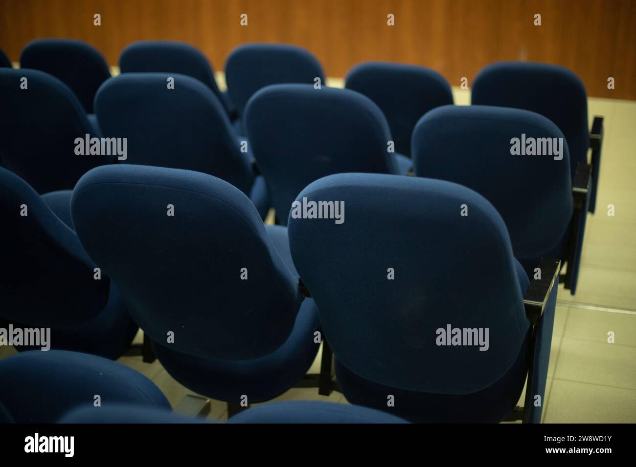 Blue seats in hall. Rows of seats. Cinema Details. Seats for spectators ...