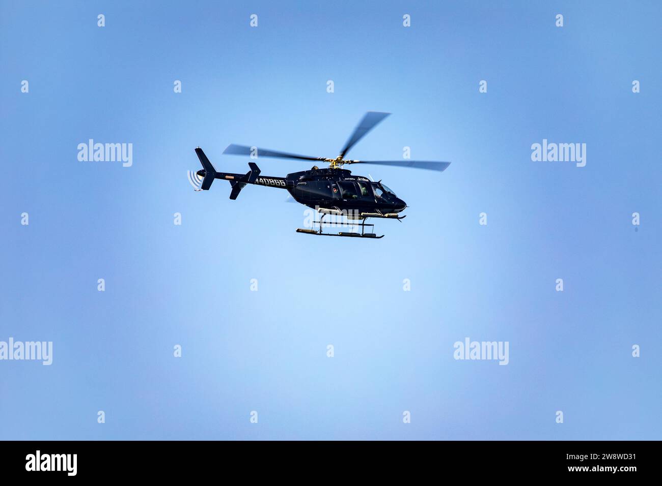 New York, USA; June 1, 2023: Helicopter flying over the Big Apple, the ...