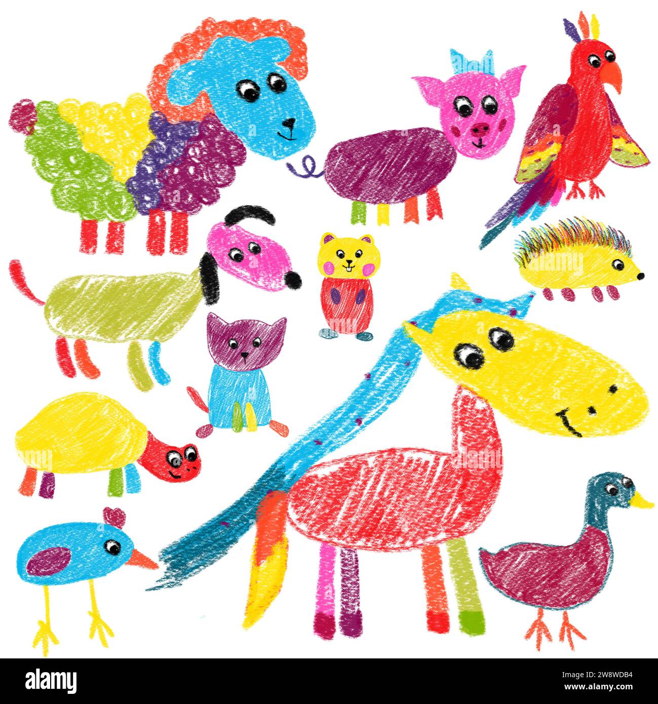 Set of hand-drawn farm animals. White background. . Pencil technique ...