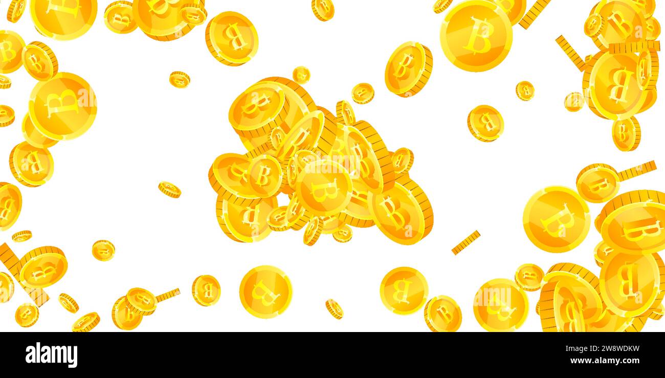 Thai baht coins falling. Gold scattered THB coins. Thailand money ...