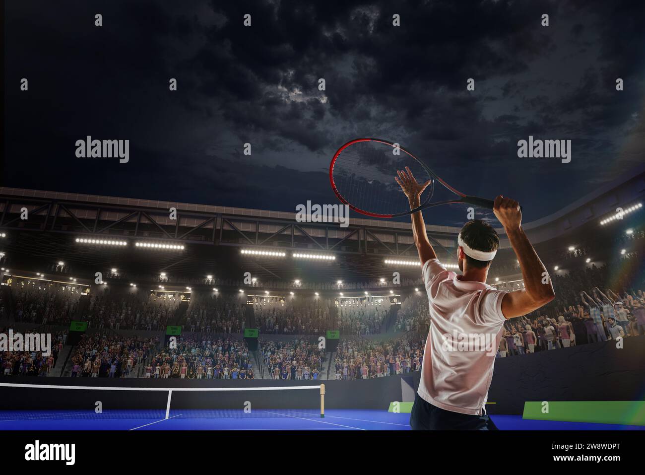 Young man in uniform, tennis player in motion during game, hitting ball ...