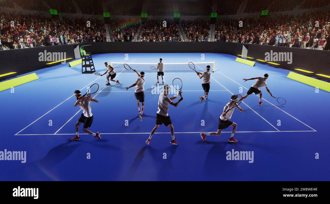 Development of movements. Young man, tennis player in motion during ...