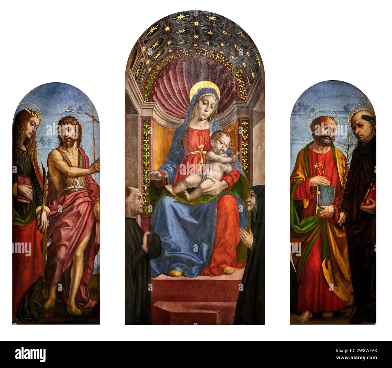 da sinistra : S. Caterina d’Alessandria, S. Giovanni Battista, Madonna col Bambino e devoti, S ...