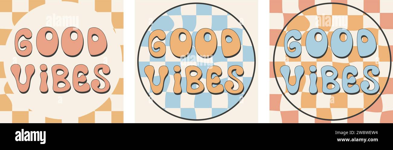 Good waves sticker set in groove style. Vintage card with handwritten ...