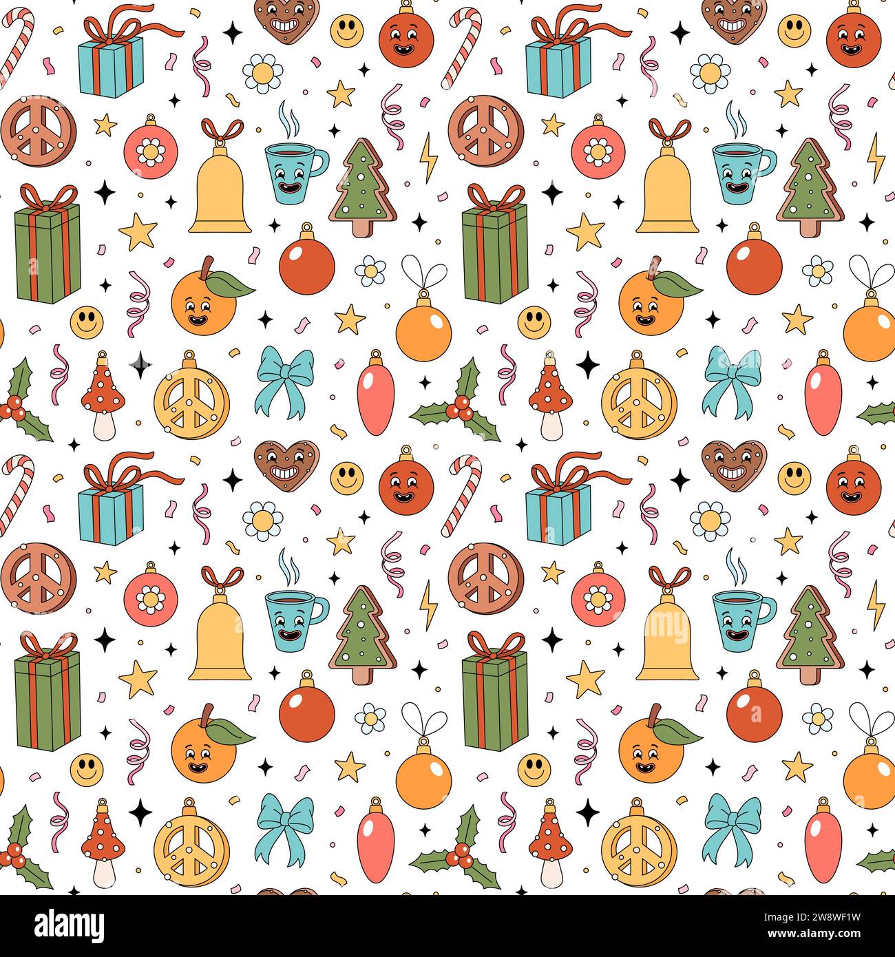 Christmas groovy elements pattern. Groovy Hippie holiday texture with ...