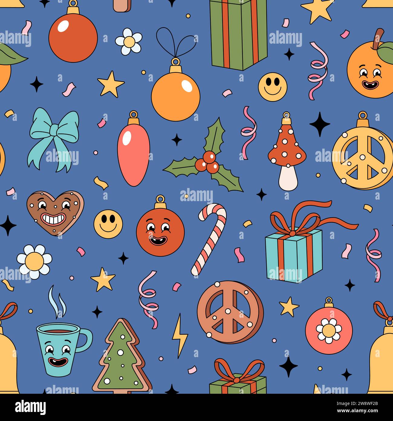 Christmas groovy elements pattern. Groovy Hippie holiday texture with ...