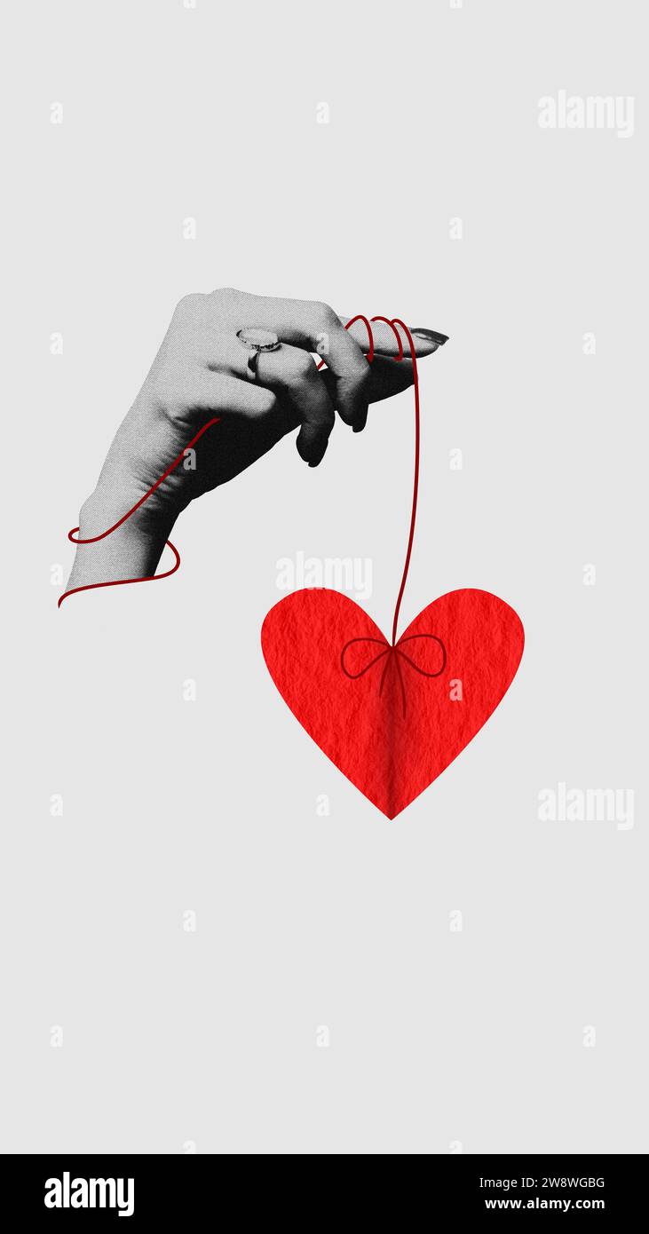 Female hand holding papercut heart on string. Contemporary art collage ...