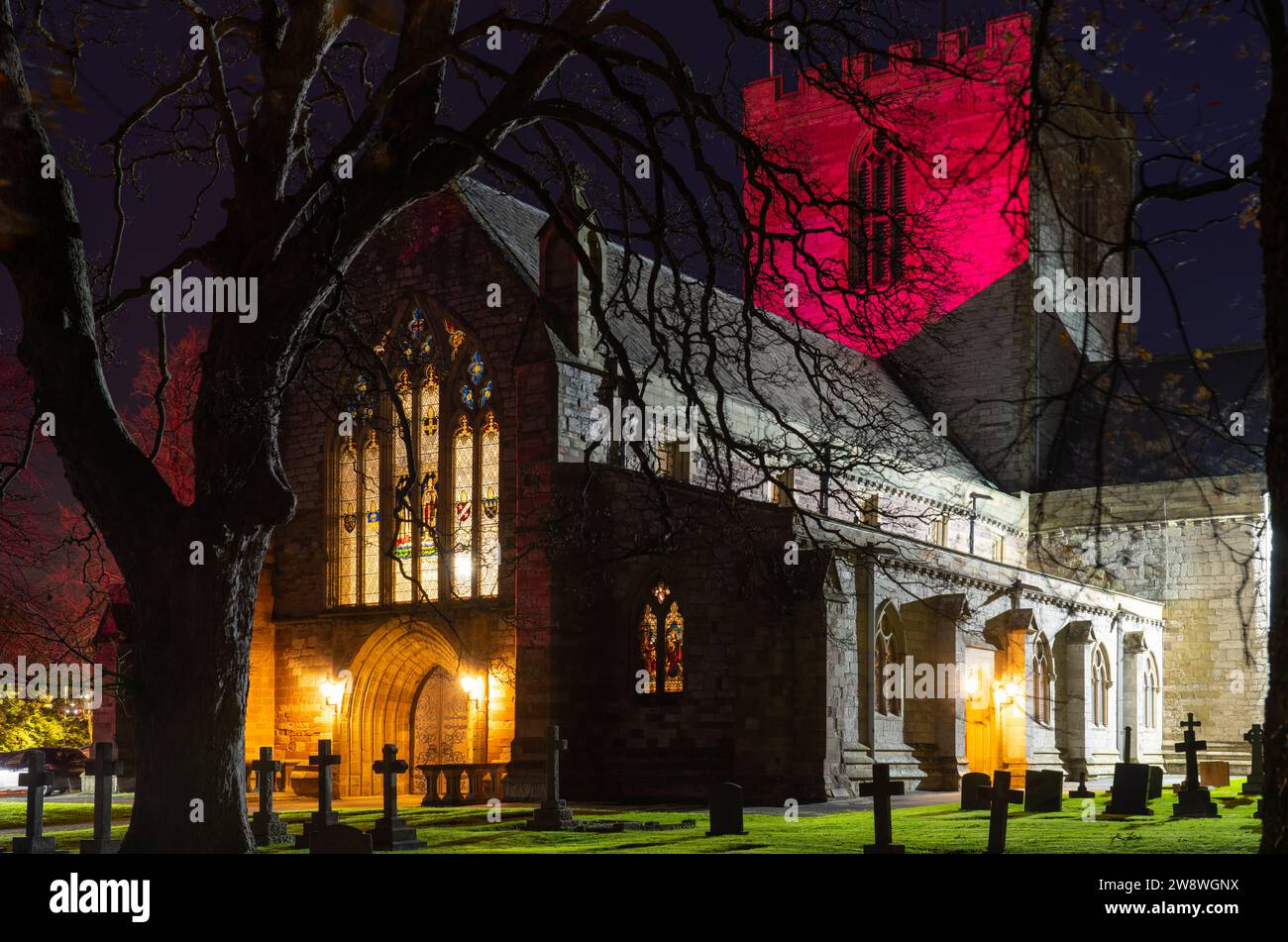St Asaph Cathedral, North Wales at dusk in December 2023 Stock Photo ...