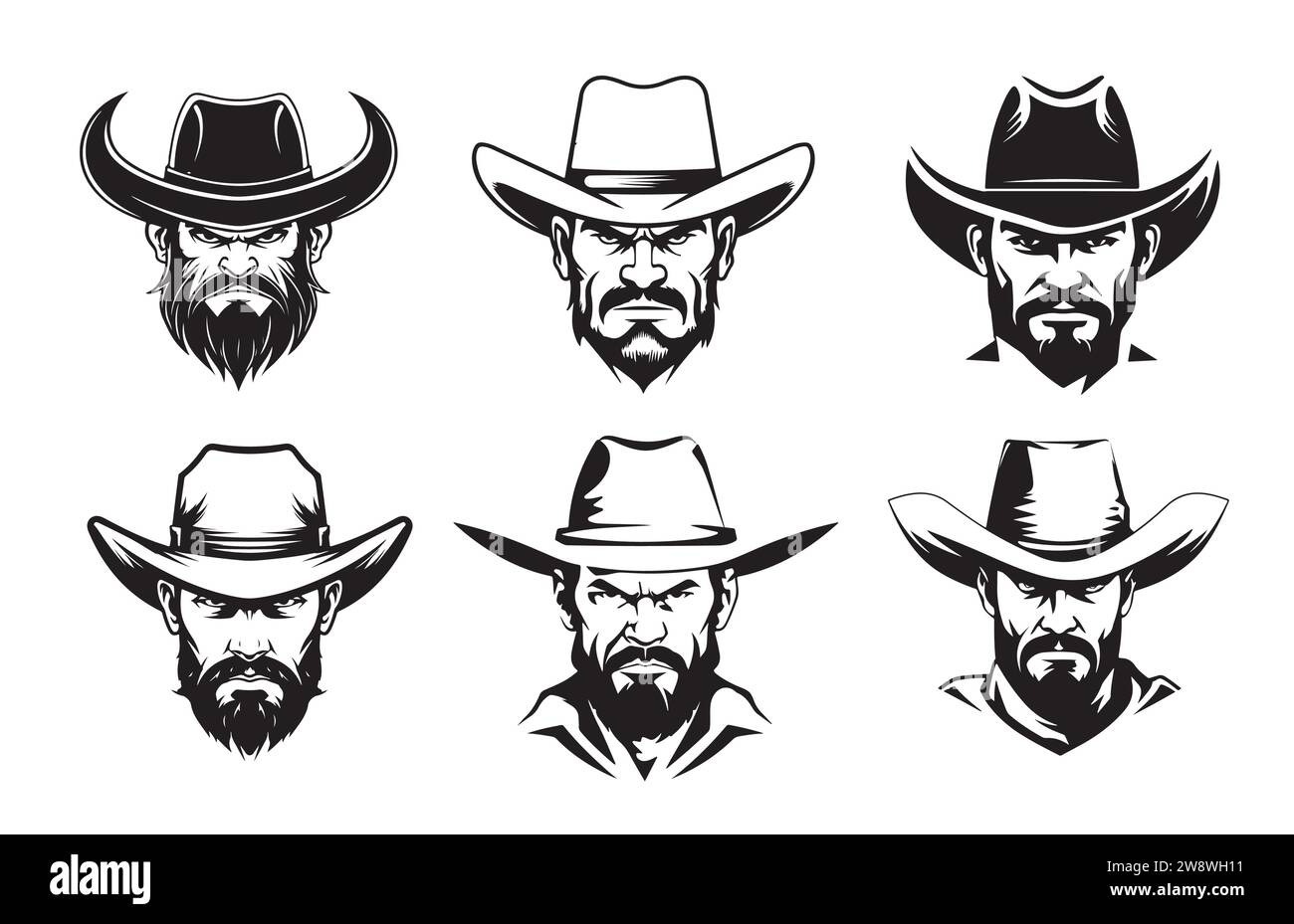 Cowboy Vintage Western Portrait Stamp Wild West Vector Collection Set ...